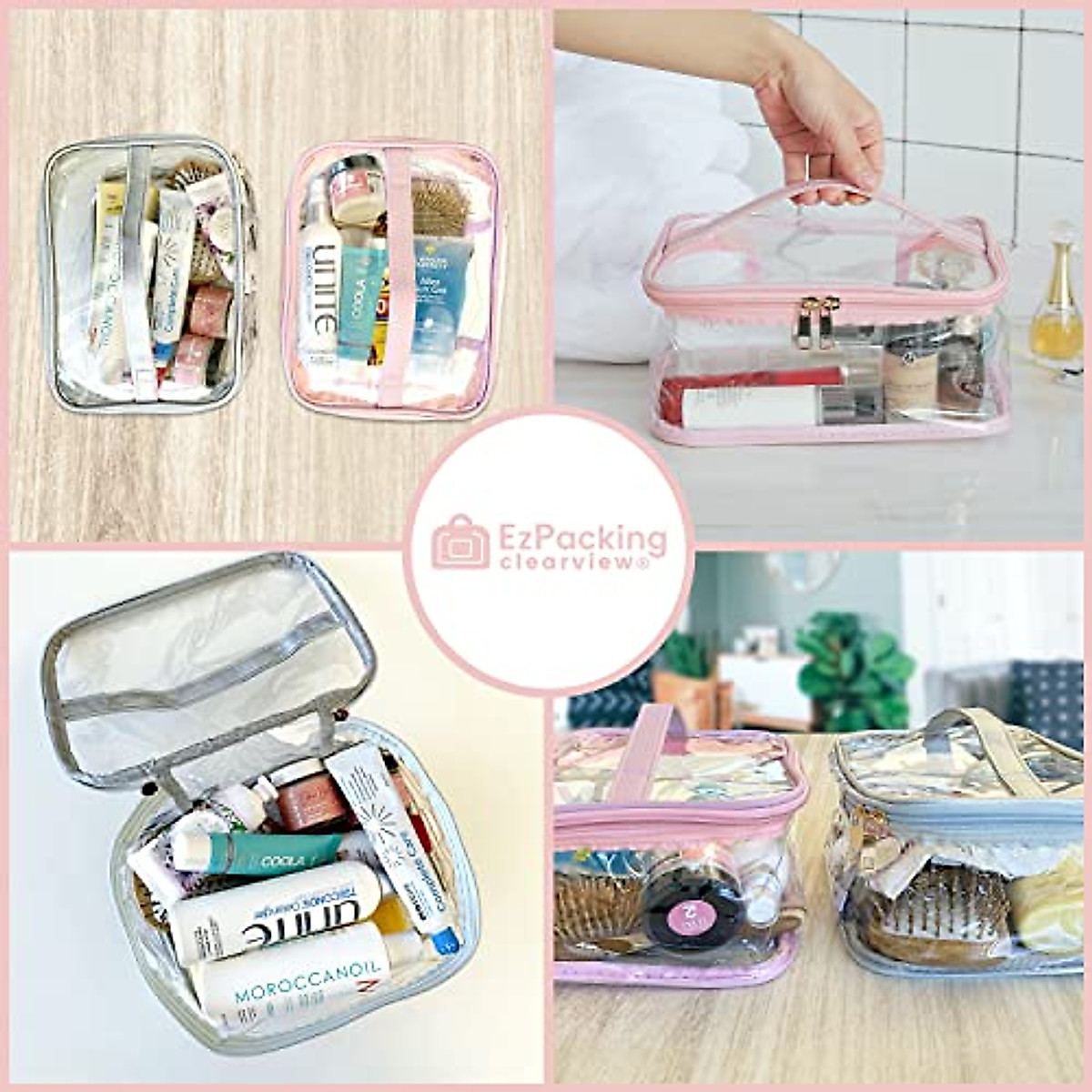 Large Cosmetic Bag for Women / Clear, See-Through Makeup, Hair & Nail Accessories Pouch for Travel or Home / Transparent PVC Plastic Organizer, Spacious Interior, Handle & Double Zippers (Silver)