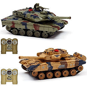 Fistone RC Battle Tank Set, 1/24 Scale 2.4G Remote Control T90 Tank and Leopard Battle Tank with Realistic Sounds, Lights, Life Indicators and Spray Military Toys for Kids and Adults