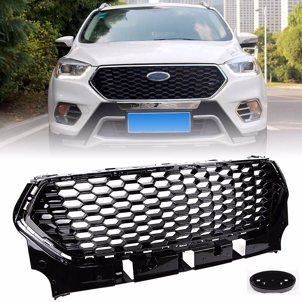 Dreamseek Front Bumper Grille for 2017 2018 2019 Ford Escape S SE SEL EcoBoost Titanium Honeycomb Mesh Sport Grill Glossy Black ST-Line Style