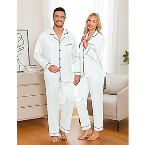 SWOMOG Couple Matching Pajamas Set Silk Satin Button Down Sleepwear Long Sleeve Nightwear 2 Pcs Pj Set Women White Large