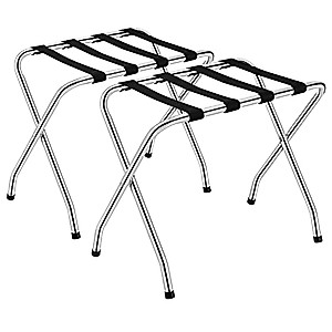 MIDDOW Chrome Luggage Rack, Foldable Metal Suitcase Stand with Nylon Belts, No Assembly Required, Ideal for Bedroom Guest Room Hotel (2)