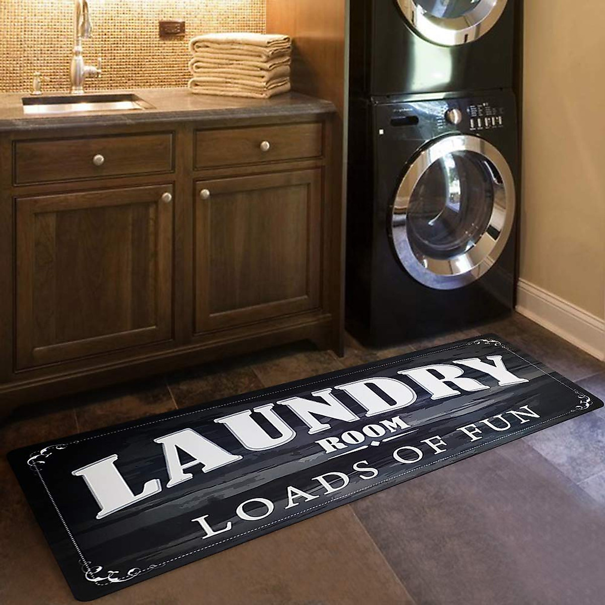 USTIDE Black White Laundry Room Rug Runner, Farmhouse Laundry Foam Mats for Washroom Bathroom Non Skid Kitchen Mat, 20x48, Loads of Fun Decor