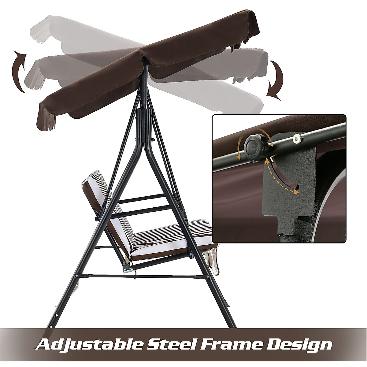 MCombo 2-3 Person Patio Swings with Canopy, Outdoor Porch Swing Chair with Steel Stand, Removable Cushions, for Backyard Garden Balcony 4008 (Brown with White Stripes)