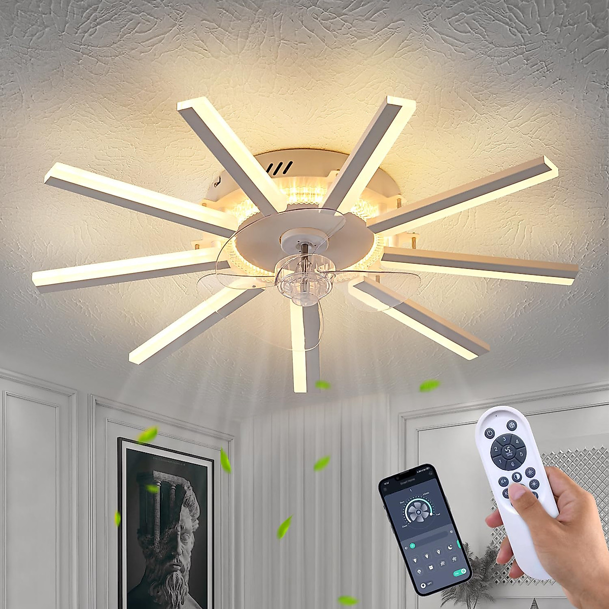HuixuTe 27" Geometric Ceiling Fan with Lights, 3 Colors 6 Speeds Personalized Ceiling Fan with Light Remote Control, White Low Profile Ceiling Fan with Light for Kitchen Bedroom