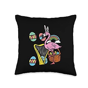 Easter Decor Women Men Kids Children Easter Gift Easter Flamingo Bunny Ears Eggs Harp Cute Women Girls Kids Throw Pillow, 16x16, Multicolor