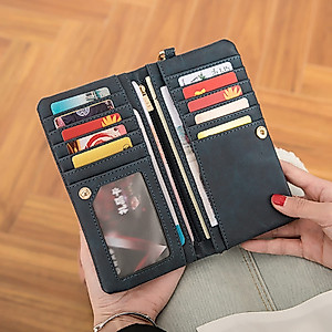 Women's Large Capacity Zip Wallet Phone Holder Clutch Travel Long Purse Wristlet (Dark Green)