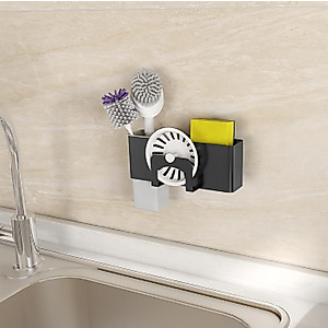 Sink Caddy Sponge Holder, Sponge Caddy and Dish Brush Holder, 3-in-1 Sink Organizer, Come with Sink Stopper Holder, Adhesive Installation, for Kitchen, Bathroom, Matte Black Stainless Steel