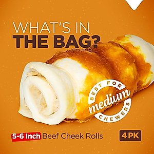 Natural Farm Beef Cheek Rolls, Chicken Flavor, 5-6" Inch (4 Pack), Safe Rawhide Alternative Dog Chew - Great for Power Chewers - Long Lasting Chews, Treats, Bones for Aggressive Chewers & Large Dogs