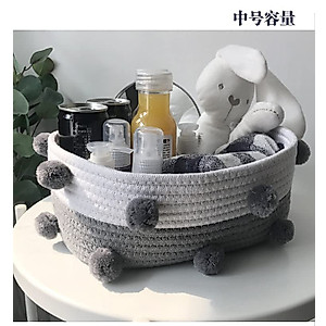 Cotton Woven Storage Basket Cute Pompom, Cotton Rope Handwoven Toy Storage Basket Round Snack Key Sundries Storage basket Student Living Room Bedroom Table Top