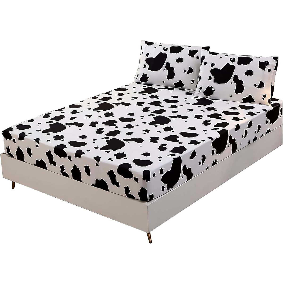 SDY 3PCS Milk Cow Print Stuff Bedding Fitted Sheet Set Queen Size, Cartoon Cow Pattern Fitted Sheet with Deep Pocket and 2 Pillowcases, Cute and Cozy, Kawaii Bed for Kids, Children, Boys, Girls, Teens