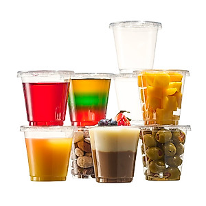 PATCHKE [ 3 OZ - 100 Cups + 100 Lids ] Jello shot Cups with Lids - Leak-Resistant, Tight fit, Easy Snap-on Lids - Clear & Fully Transparent, Tall squeezable Disposable Plastic.