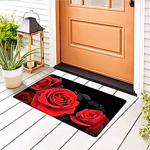 LIVILAN Black Bath Mat, Flower Bathroom Rugs, Red Bath Rugs, 24''X16'', Super Soft and Absorbent Shaggy Plush Red Rose Bath Rugs, Memory Foam Non-Slip.