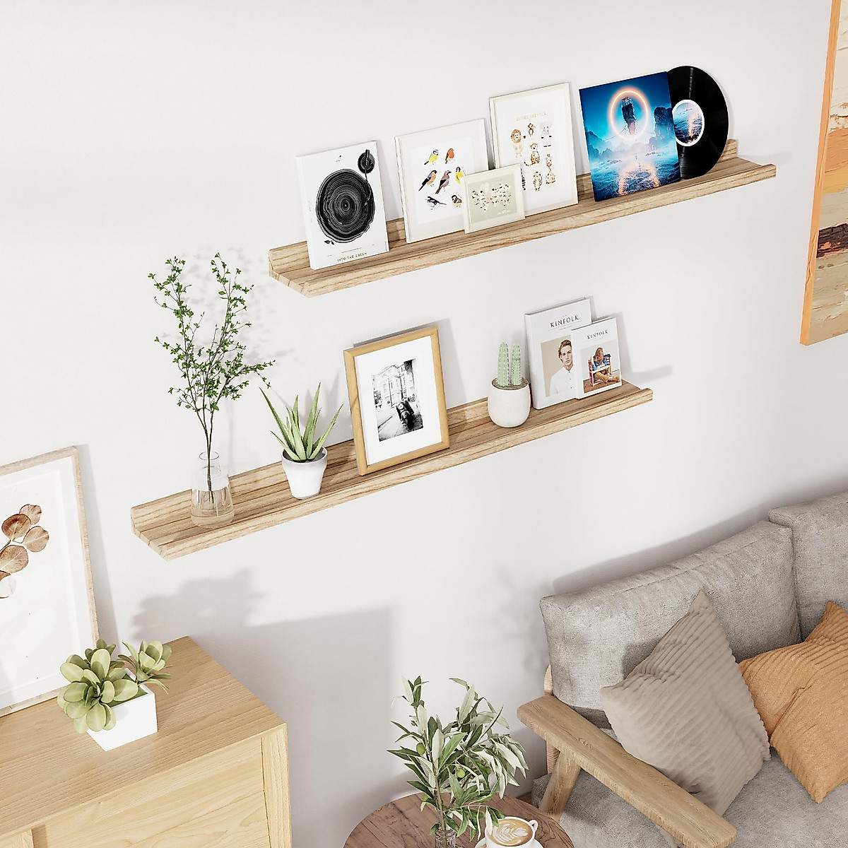 Picture Ledge Shelf Set of 2, 48 Inch Natural Wood Rustic Floating Shelves with Lip for Wall Storage, Nursery Floating Book Shelves for Living Room Bathroom Bedroom Kitchen, Carbonized Black