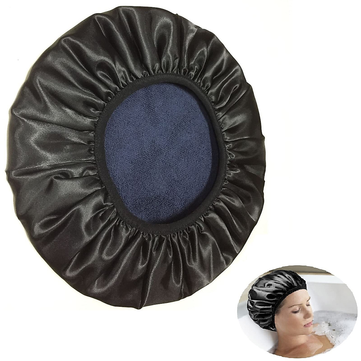 Terry Cloth Shower Cap,G.traveller Large Triple Layer Bathing Cap with Dry Hair Function Microfiber Shower Cap for Women with Silky Satin 100% Waterproof Reusable Bonnets (Black)
