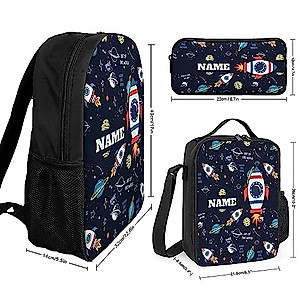Aicihert Custom Galaxy Planet Rocket Backpack Personalized 3 Piece Set Backpack with Your Name Text School Bag Customized Bookbag with Lunch Box And Pencil Case Set for Boys Girls Student