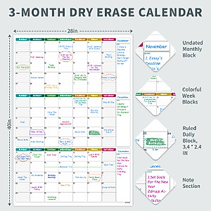Dry Erase Calendar for Wall - 3 Month Vertical Wall Calendar, 28" x 40", Reusable Monthly Quarterly Calendar Planner Undated, Erasable Laminated Calendar Whiteboard, Vertical Layout Wall Calendar for