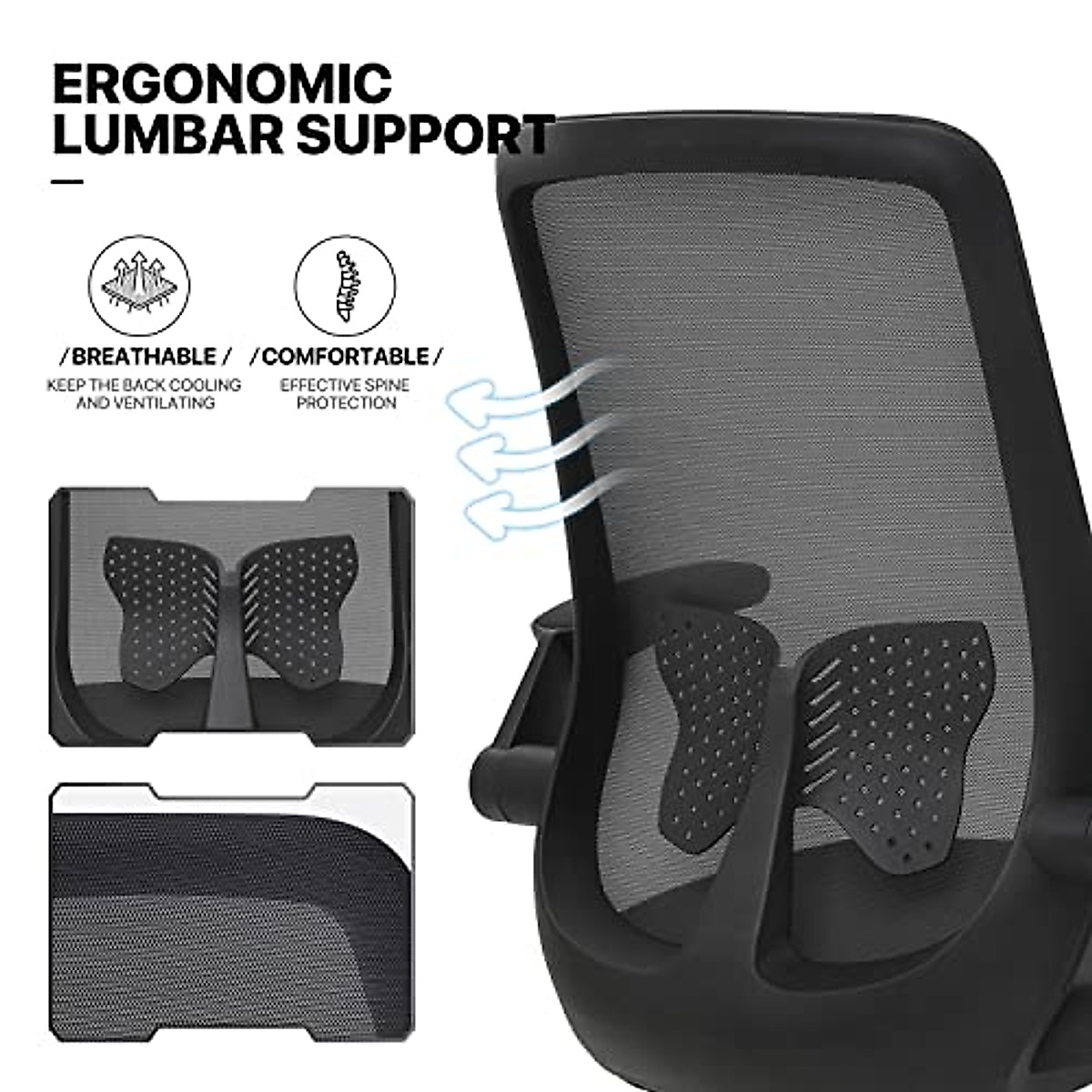 MoNiBloom Office Guest Chair Without Wheels, Executive Reception Chair with Lumbar Support and Sled Base, Mid-Back Mesh Task Chair with Flip-Up Arms for Reception Conference Wait Room, 250 LBS, Black