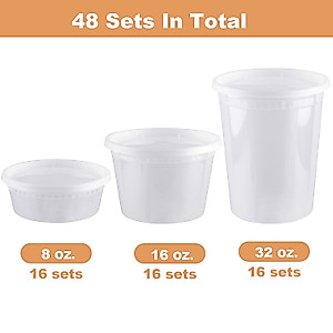 HTMZ Deli Containers with Lids 48 Sets 【8,16,32oz 16 Each】 BPA Free,Microwave Dishwasher Leakproof Freezer Safe,Takeout Soup Containers with Lids,Plastic Food Storage Containers with Lids