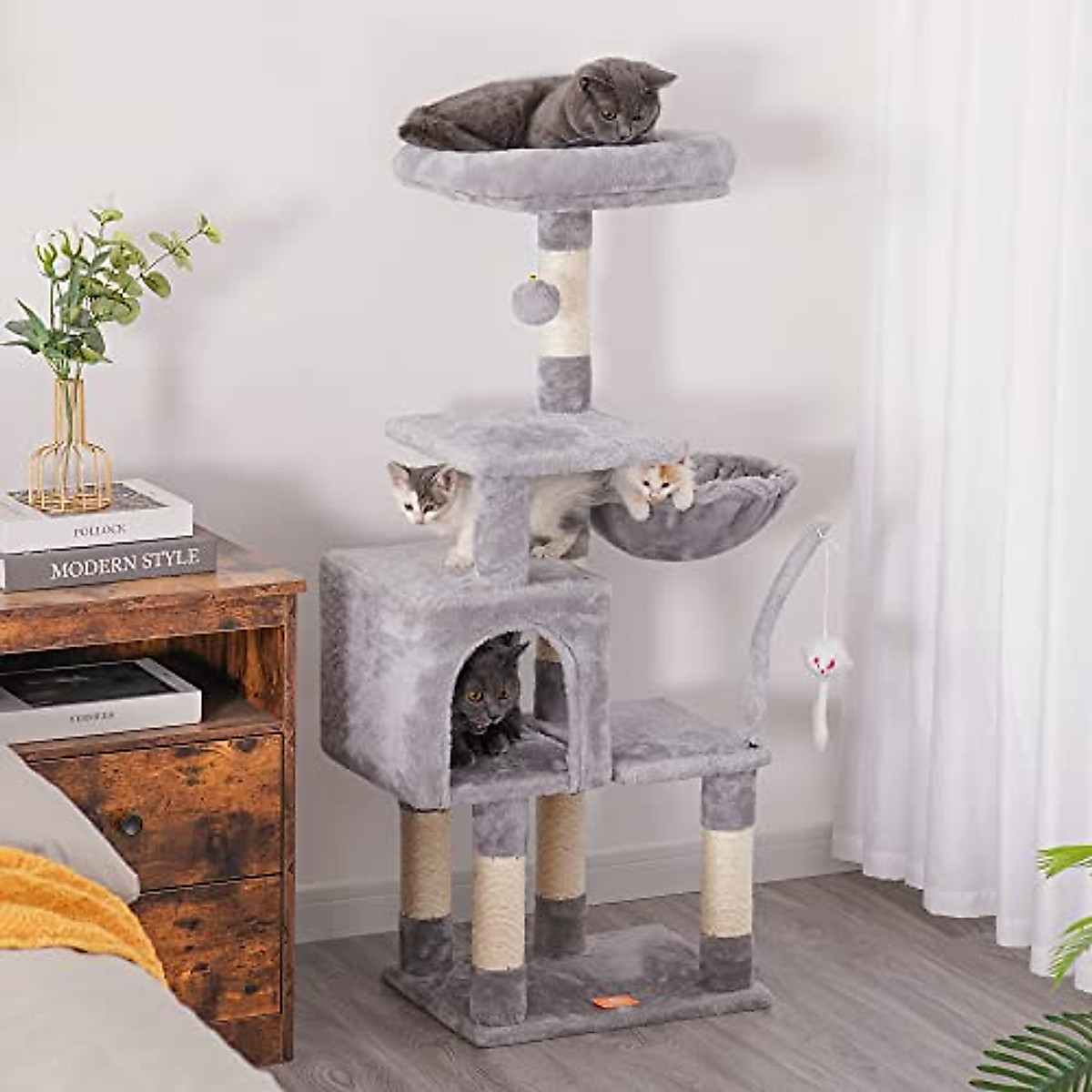Heybly Cat Tree with Toy, Cat Tower condo for Indoor Cats, Cat House with Padded Plush Perch, Cozy Hammock and Sisal Scratching Posts, Light Gray HCT004SW