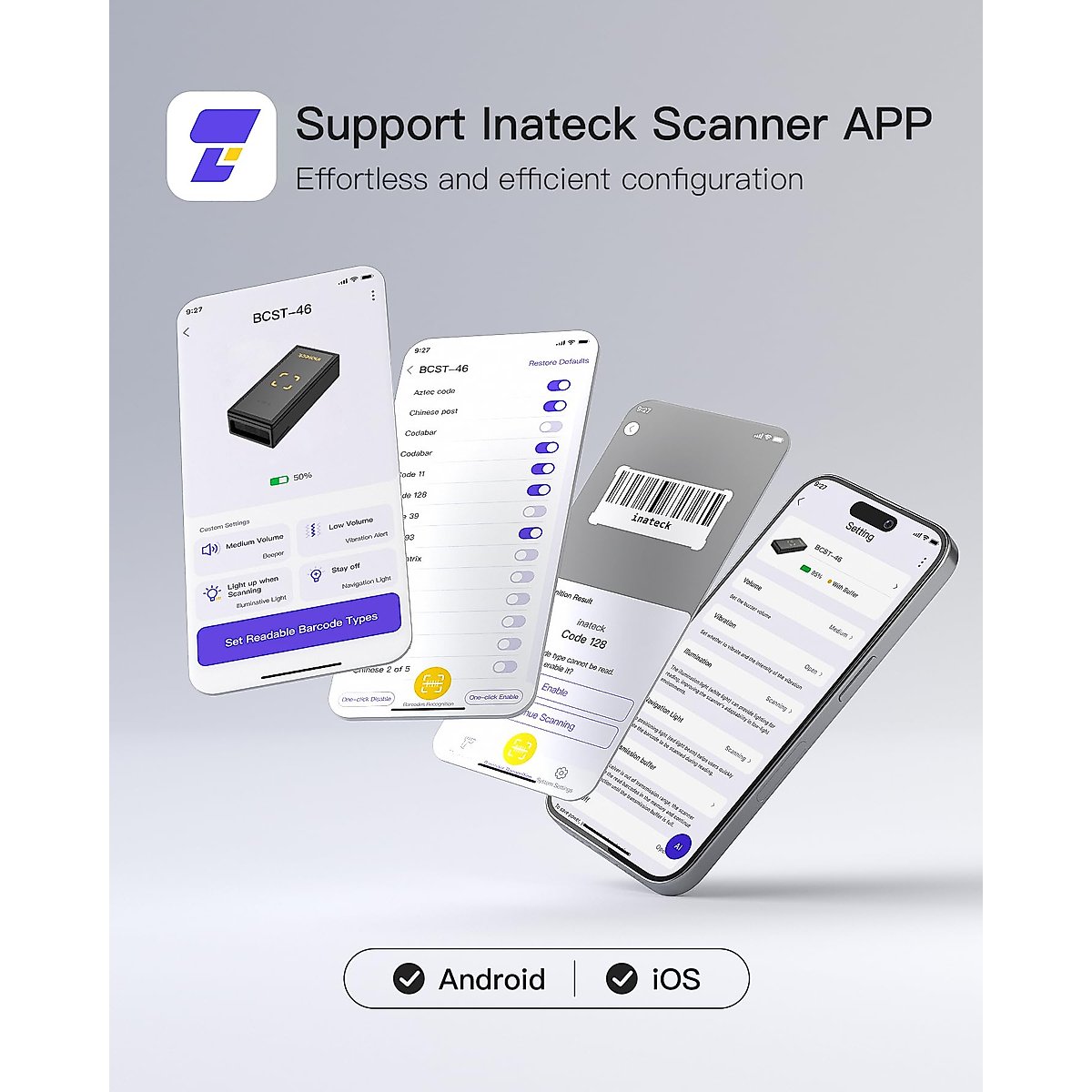 Inateck Barcode Scanner Bluetooth, 1D 2D QR Code Scanner Kabellos 2.4GHz, Portable Wireless Barcode-Scanner Laser, Mini Handscanner with APP and SDK, BCST-46