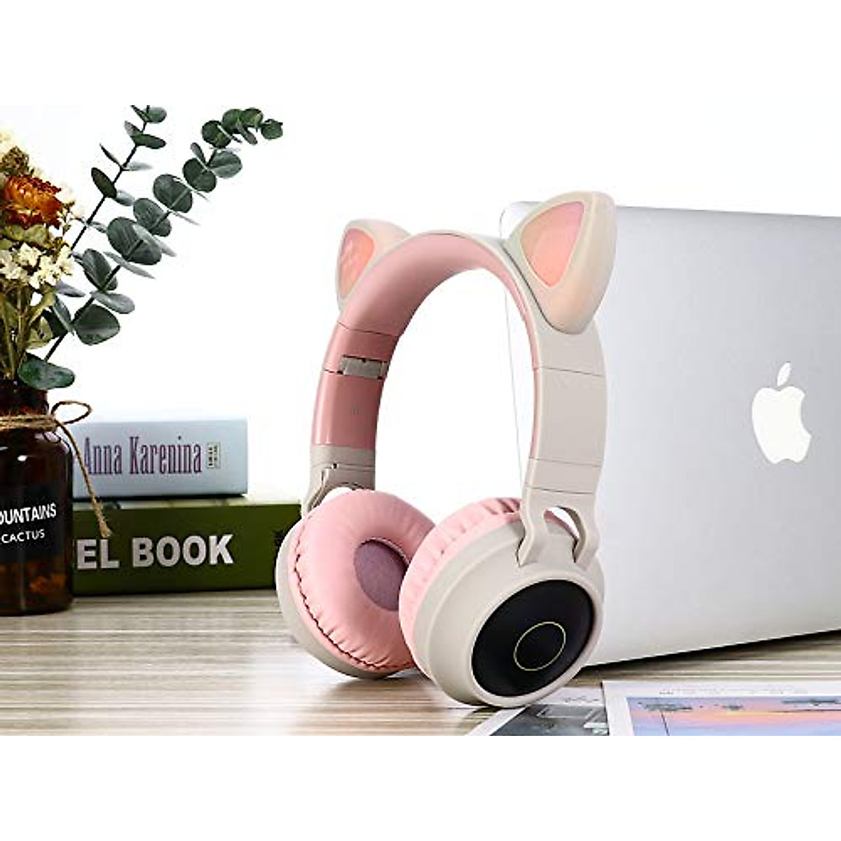 Cat Ear LED Light Cute Headsets, Wireless Bluetooth Gaming Headphones for PS5/ PS4/ PC, Stereo Surround Sound, Volume Control, Switch Songs, Voice Calls, RGB Lighting Gift for Girls (Pink)