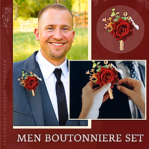 Sherr 20 Pcs Rose Wrist Corsage and Boutonnier Set Flower Wrist Corsage Wristlet Band Bracelet Wedding Bridegroom Men's Boutonniere Wristlet Hand Flower for Wedding Bouquets Supplies (Red)