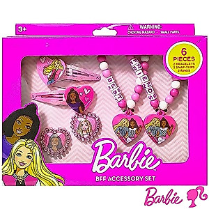 LUV HER Barbie Accrssories Girls BFF 6 Piece Toy Jewelry Box Set with 2 Rings, 2 Bead Bracelets and Snap Hair Clips Ages 3+