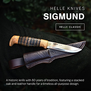 Helle Knives - Sigmund - Triple Laminated Stainless Steel Fixed Blade - Beech, Darkened Oak, & Leather Handle - Leather Sheath - Field Knife for Camping, Fishing, Hunting, Men & Women - Made in Norway
