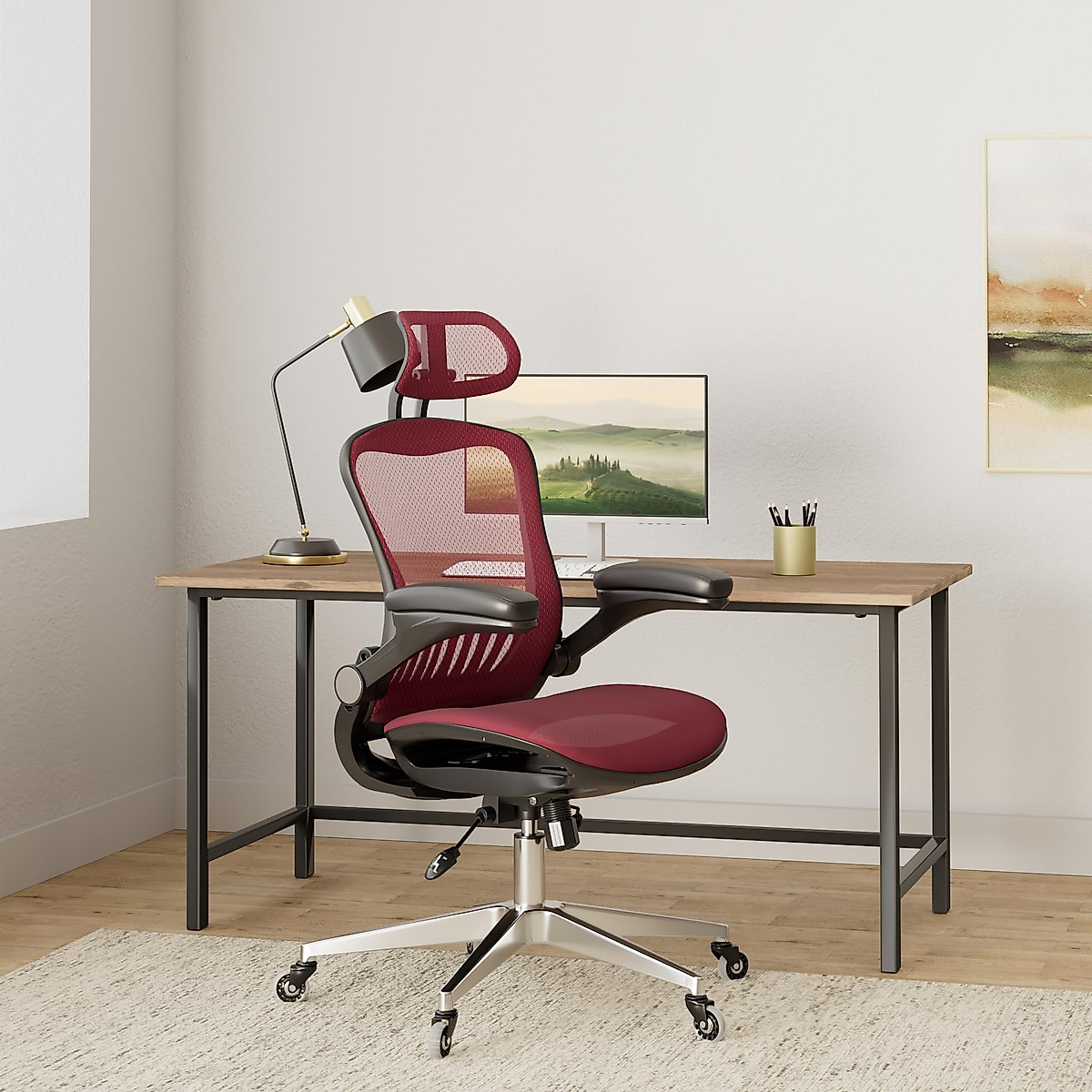 Nouhaus Ergonomic Mesh Office Chair Comfy Gaming Chairs with Adjustable Headrest & Armrest, Big and Tall Swivel Desk Computer Chair Tilt Function(ErgoFlip, Burgundy)