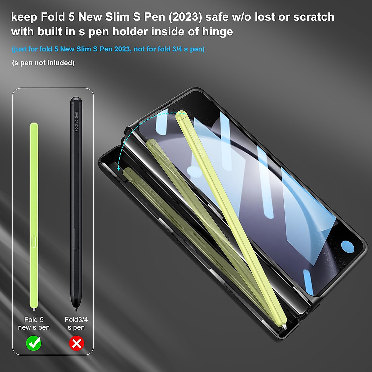 Libeagle Compatible with Samsung Galaxy Z Fold 5 Case with Built in Hidden Fold 5 New Slim S Pen Holder (2023), Screen Protector, Hinge Protection, Adjustable Stand, Wireless Charging Cover 5G - Black