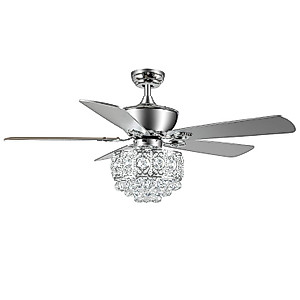 Tropwellhouse 52Inch Crystal Ceiling Fan with Lights 3 Speed Remote Control Elegant Crystal 5 Wood Blades Chrome Ceiling Fan Decoration Home