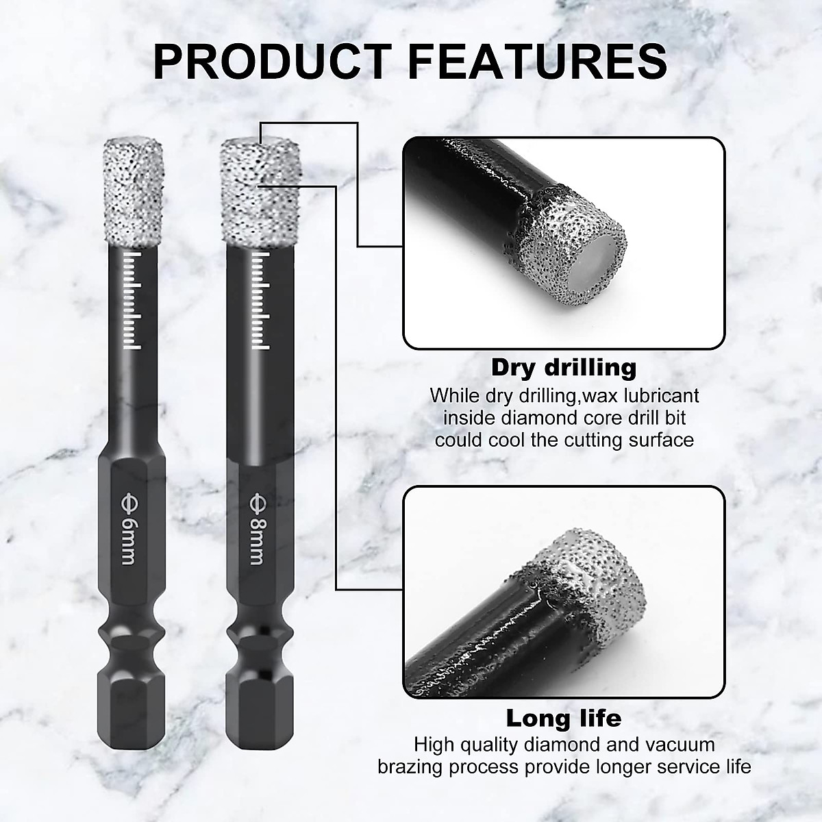 Quapkatt Dry Diamond Drill Bits Set 5 PCs for Granite Tile Ceramic Marble Stone Glass Size 1/4, 5/16, 3/8, 1/2, 5/9 inch with Quick Change Hex Shank Vacuum Brazed Diamond Core Drill Bit Kit