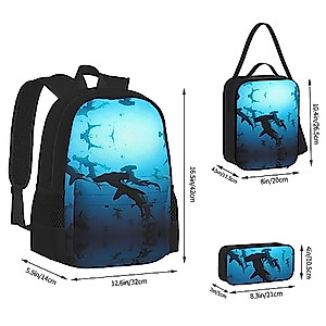 MQGMZ Hammerhead Sharks Print Backpack 3 Pcs Set Travel Hiking Lightweight Water Laptop Pencil Case Insulated Lunch Bag