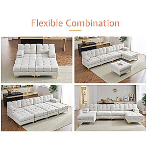 PaPaJet 124 Inch Sectional Sofa, 6 Seater Modular Sectional Couch with Metal Legs, U Shaped Sofa Couch for Living Room, Beige Chenille