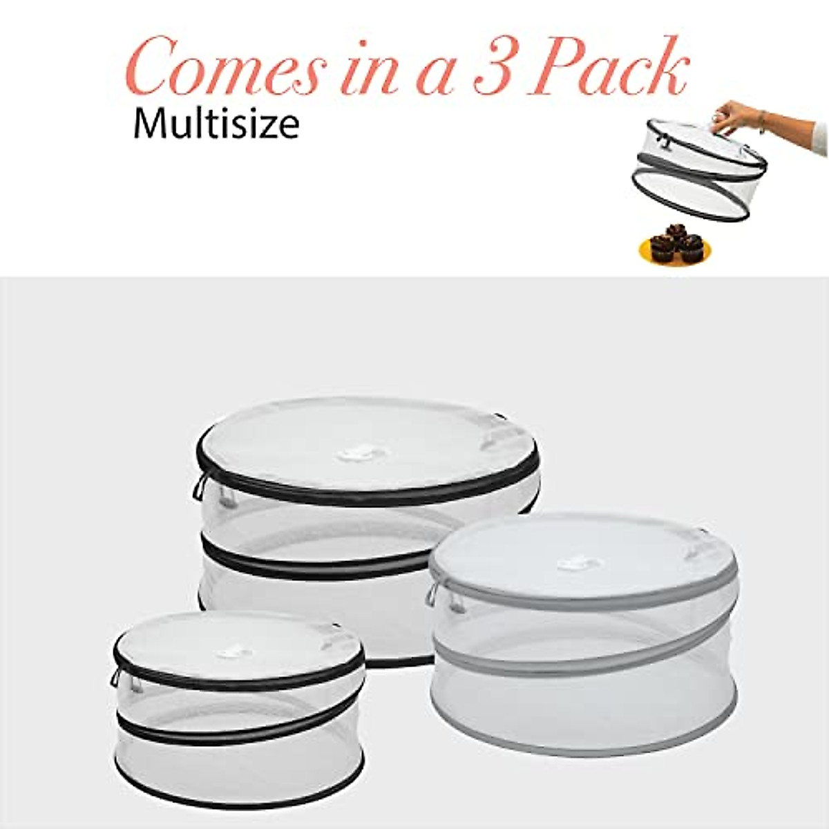 Kitchen Details, Multi Sized Set 3 Pack Pop Up Food Cover Protector Screens | Collapsible | Outdoor Picnic | Outside Party and BBQ Essential | Reusable | Keep Out Bugs, Grey