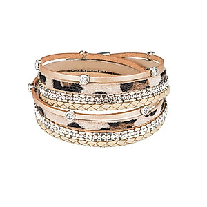 lureme Leather Leopard Wrap Bracelet with Rhinestones Magnetic Clasp Bracelet for Women (bl003513-4) Khaki
