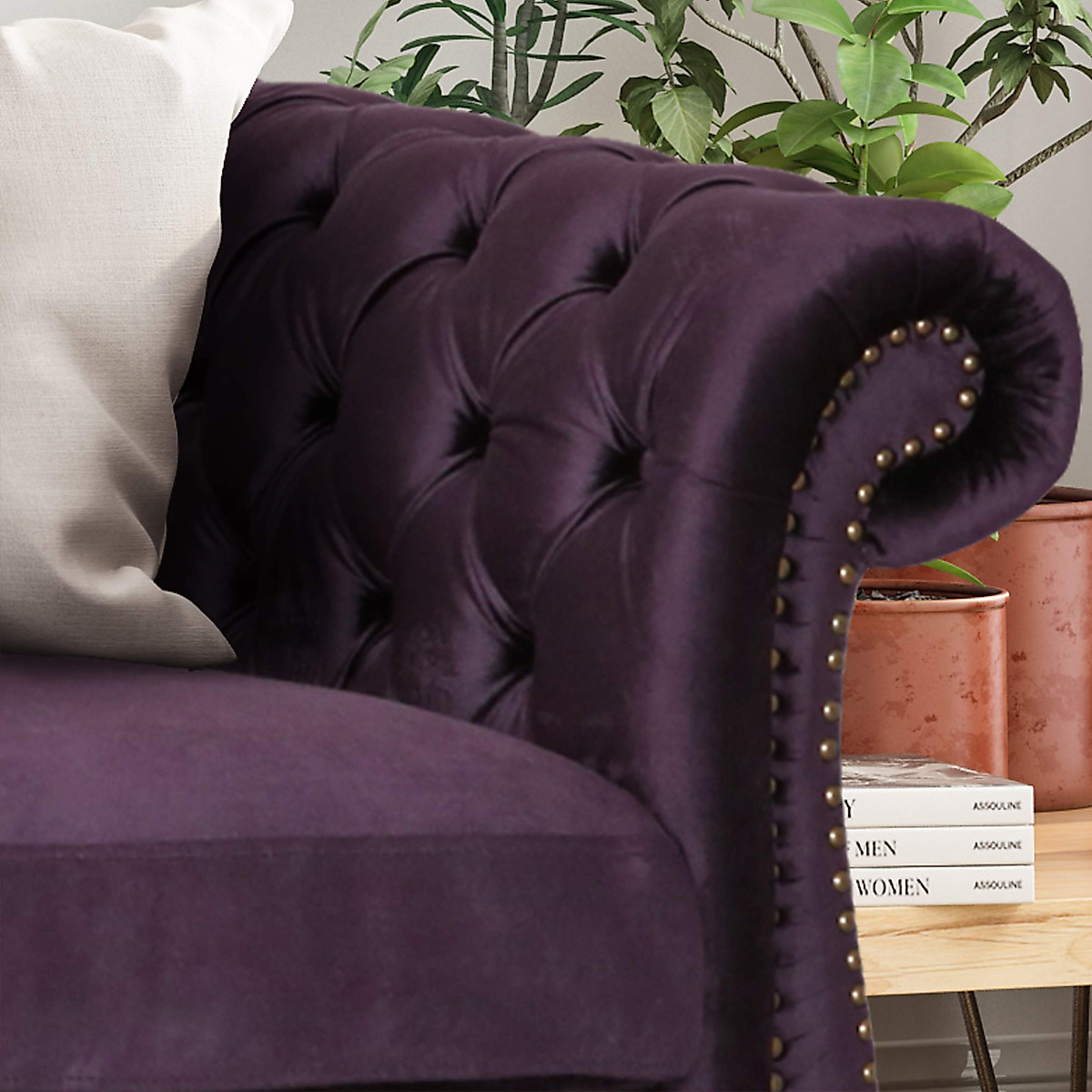 Great Deal Furniture GDFStudio Tufted Jewel Toned Velvet Sofa with Scroll Arms, BlackBerry