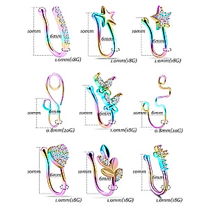 Vsnnsns Fake Nose Ring Stud Stainless Steel 20G Faux Septum Nose Piercing Jewelry Clip On Nose Ring Cuffs Non Piercing Nose Hoop Ring for Women Men 9pcs Rainbow