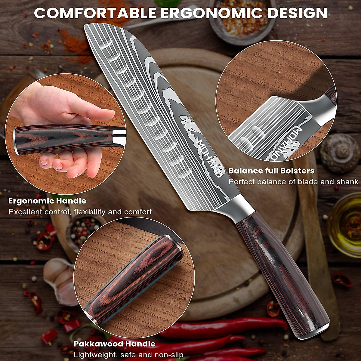 MDHAND 7" Santoku Knife – Ultra Sharp Japanese Chef Knife - Forged High Carbon German Stainless Steel Chopping Knife with Ergonomic Pakkawood Handle Design, Gifts for Women and Men