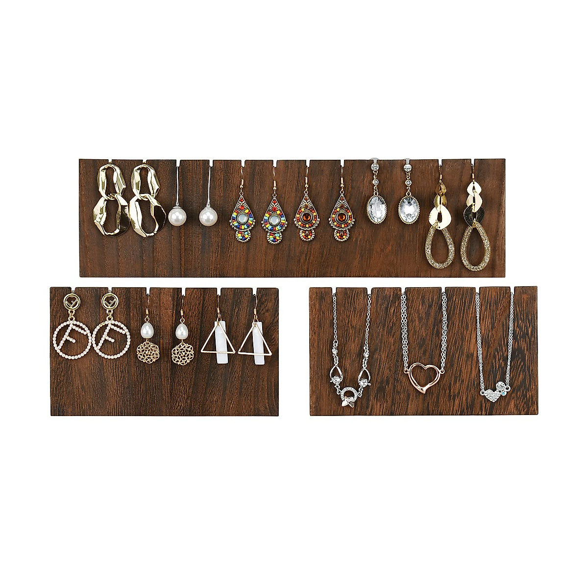 MOOCA Stunning 3-Piece Wooden Jewelry Display Stand Set - Versatile Earring and Pendant Organizer | Elegant Jewelry Stand, Rack, and Holder for Earrings | Holds up to 12 Pairs, Brown Color