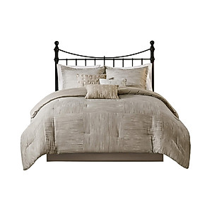 Madison Park Walter Comforter-Luxe Seersucker Print Design All Season Down Alternative Bedding, Matching Shams, Bedskirt, Decorative Pillows, King (104 in x 92 in), Taupe