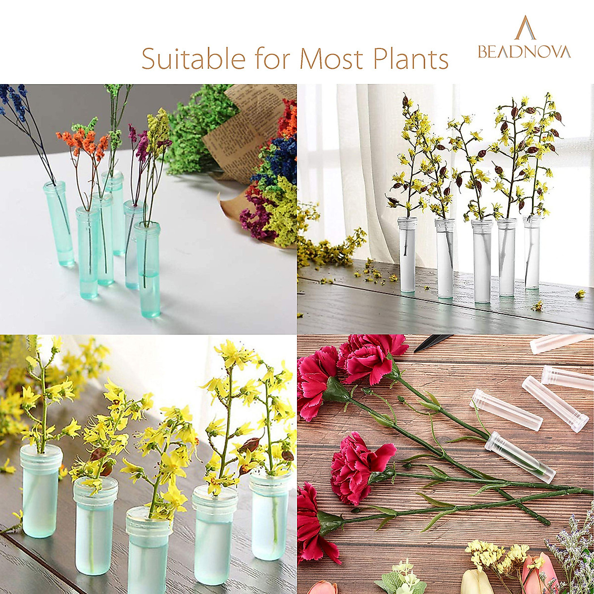 BEADNOVA Flower Water Tubes 2.8 Inch Plastic Water Tubes for Flowers Floral Vials with Caps for Decoration Flower Arrangement (Clear, 60 Pcs)