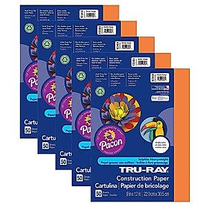 Pacon Tru-Ray 9-inch x 12-inch Construction Paper, Electric Orange, 50 Sheets/Pack, 5 Packs (PAC103404-5)
