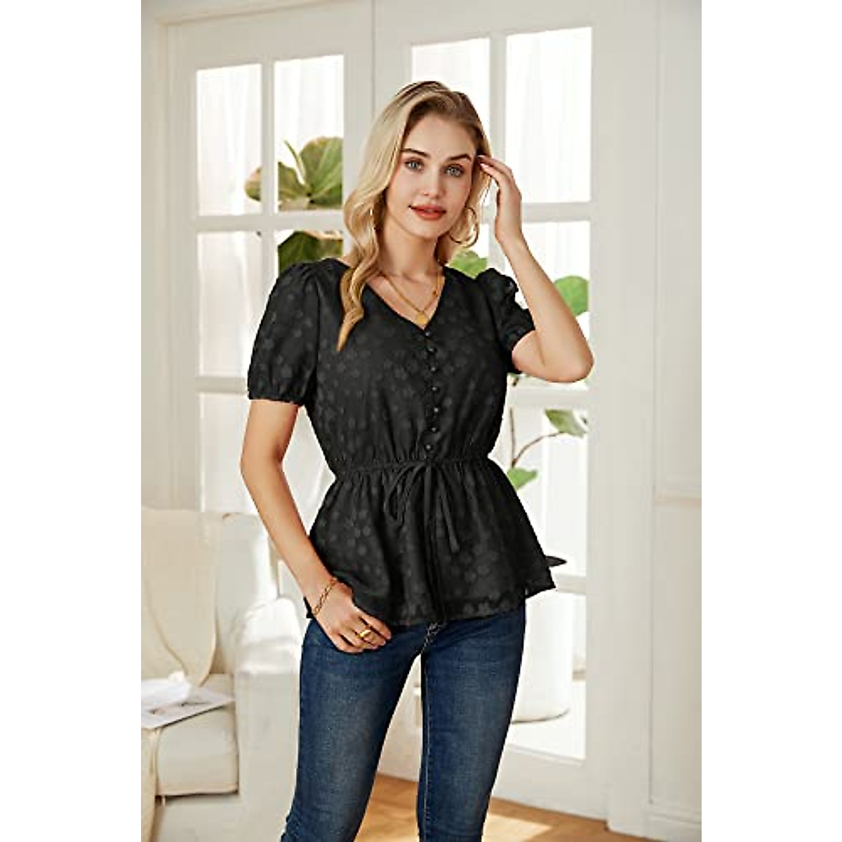GRACE KARIN Women's Peplum Tops 2023 Summer V Neck Ruffle Short Sleeve Blouse Jacquard Flowy Shirt Tunic Top Black
