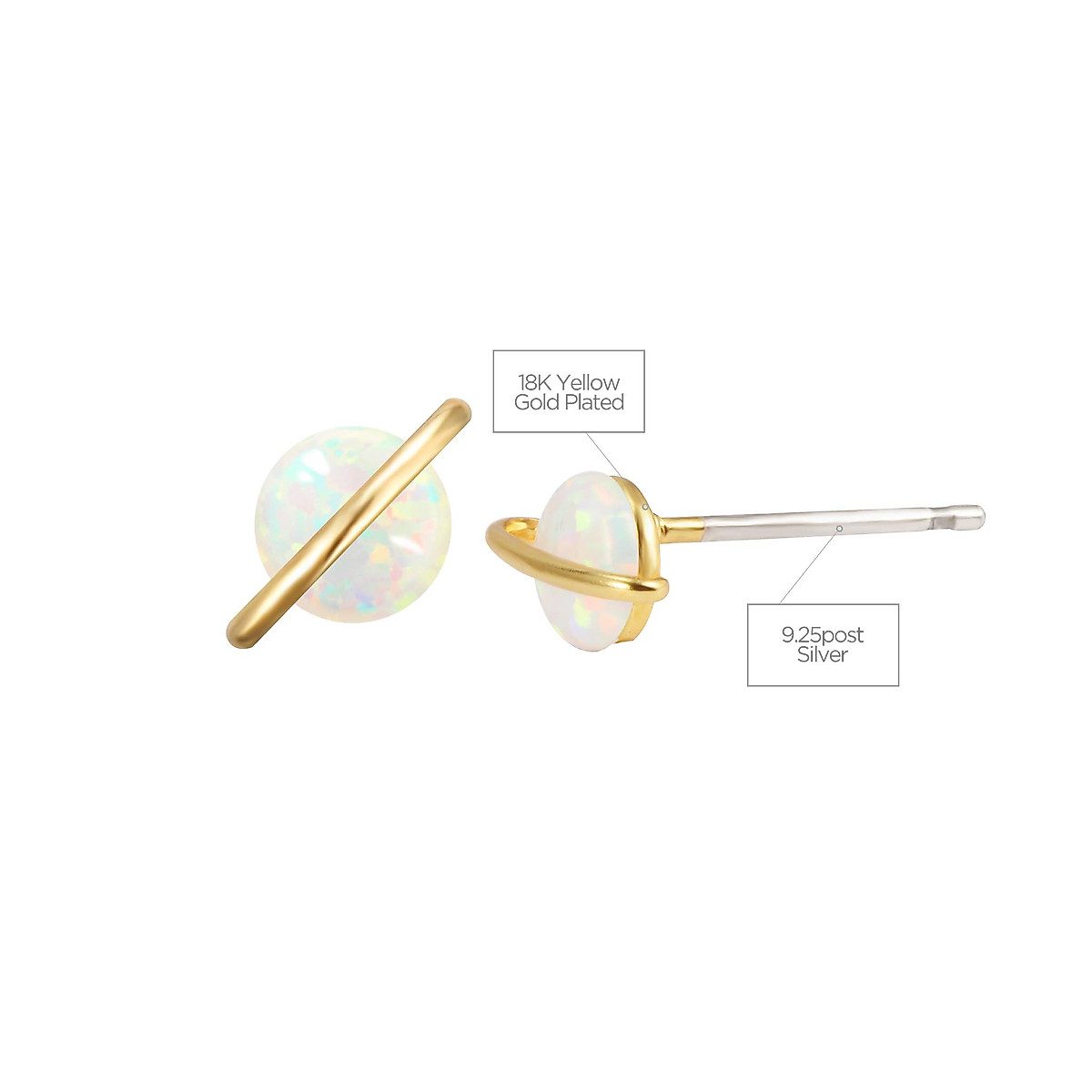 Planet 18K Rose/White/Yellow Gold Plated 925 Sterling Silver Post Dainty Opal Stud Earrings, White/Green/Pink Opal Earrings (Yellow Gold)