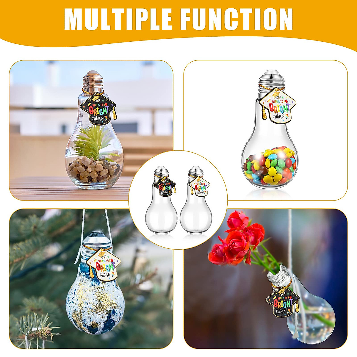 Sabary 36 Pack 100 ML Plastic Light Bulb Jars with Graduation Card and String, Light Bulb Candy Container Light Bulb Drinking Cups Fillable Drink Ornaments Clear Candy Jars For 2024 Graduation Party