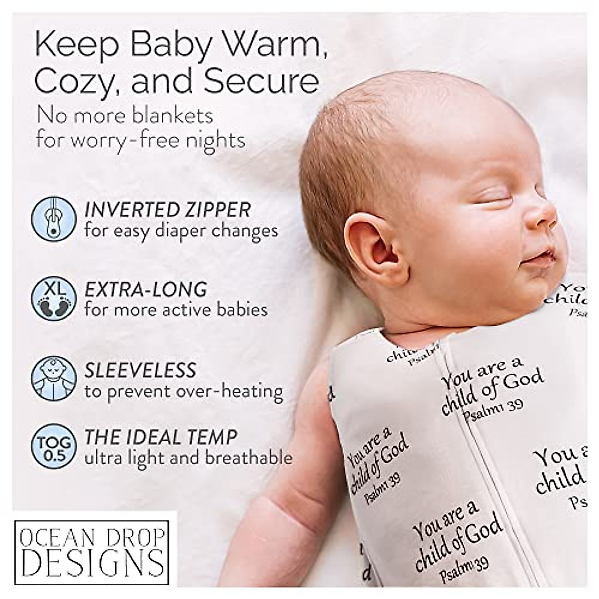 Ocean Drop Designs Newborn Sleep Sack (10-18 lbs) - Christian Baby Gifts - 100% Cotton