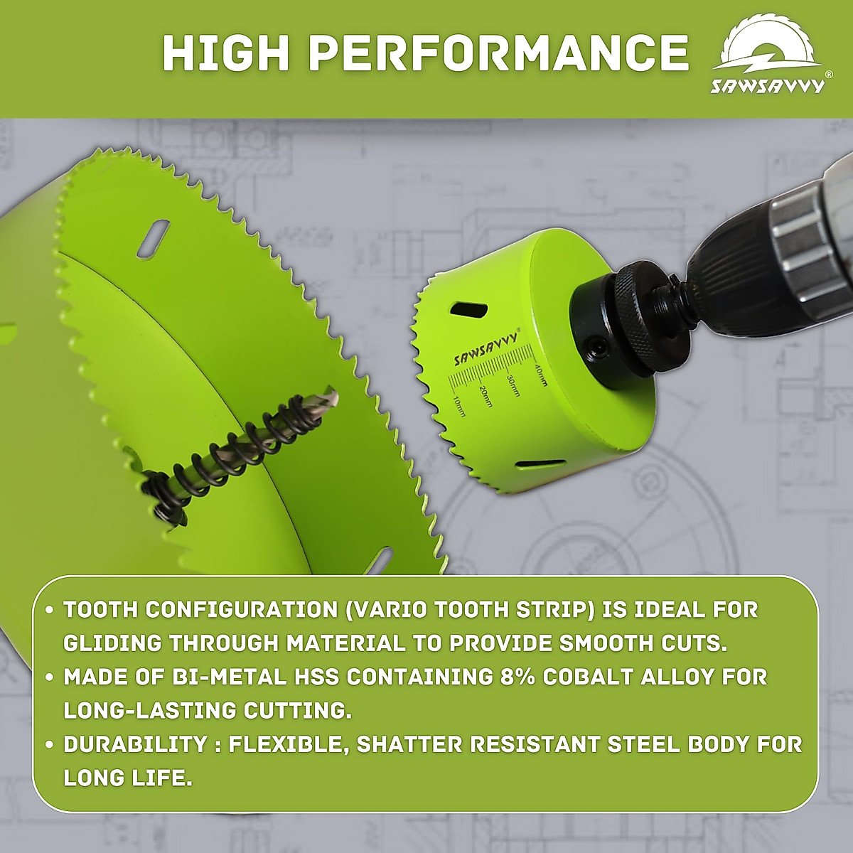 SAWSAVVY 2 inch Hole Saw for Wood Metal Drywall, Hole Saw Drill Bit, Bi-Metal Hole Cutter with Hex Shank Pilot Drill Bit Adapter, 2 Hole Saw (51mm), 1 5/8 inch Cutting Depth