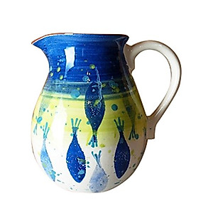 Euro Ceramica Pescador Collection 8" Terra Cotta Decorative Pitcher, 2LT, Hand-Painted Fish Design, Multicolor