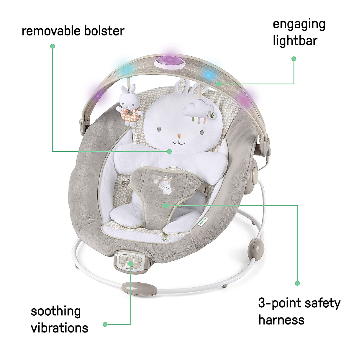 Ingenuity InLighten Baby Bouncer Infant Seat with Light Up -Toy Bar, Vibrations, Tummy Time Pillow & Sounds, 0-6 Months Up to 20 lbs (Twinkle Tails Bunny)